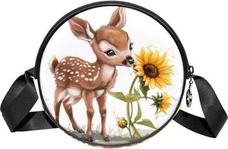 Generic Sac &agrave; bandouli&egrave;re rond pour femme, motif cerf, tournesol, petit sac &agrave; bandouli&egrave;re avec fermeture &eacute;clair, bretelles r&eacute;glables, sac &agrave; main rond d&eacute;contra