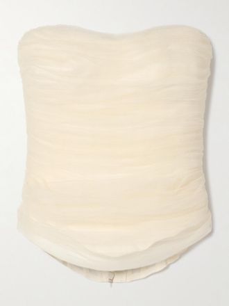 Danielle Frankel Haut Bustier Froncé En Tulle, Organza Et Gros-grain Milo - Blanc cassé