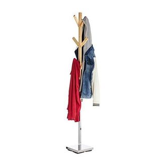 Relaxdays Garderobenständer, Flurgarderobe aus Holz u. Metall, Standgarderobe 6 Haken, HBT 180 x 26 x 26cm, Natur/Silber