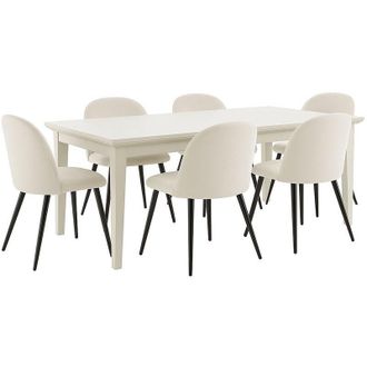 ebuy24 Venedig Essgruppe Tisch wei&szlig; 95x180/276 mit 2 Stk. Zusatzplatten 6 St&uuml;hlen Samt beige