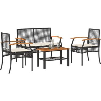 vidaXL 4-tlg. Garten-Lounge-Set mit Kissen Schwarz Poly Rattan - Vidaxl