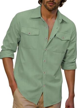 Generic Chemise de plage boutonn&eacute;e &agrave; manches longues en lin avec poches pour homme, vert clair, XXL