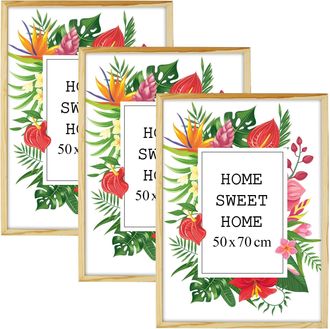 MG Design Set aus 3 Natural Bilderrahmen 50 x 70 cm - Aus echtem Holz mit Acrylglas, zum Aufhängen & Aufstellen, für Fotos, Poster & Puzzle