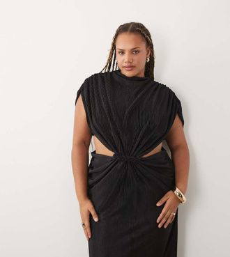 Asos Curve - Robe pliss&eacute;e &agrave; manches chauve-souris, taille fronc&eacute;e et d&eacute;tail tress&eacute; - Noir