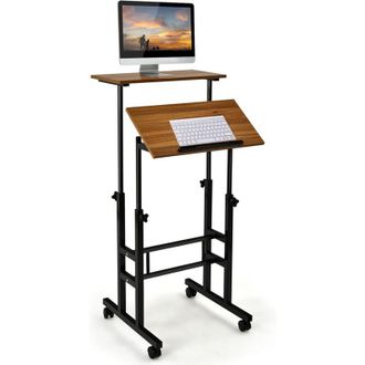 Costway Hoehenverstellbarer Sitz-Steh Schreibtisch auf Rollen, Mobiler Stehschreibtisch mit 2-stufiger Computerarbeitsplatz, Laptoptisch Stehpult