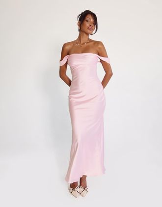 Princess Polly Azura - Robe longue en satin &agrave; encolure carr&eacute;e avec buste fronc&eacute; et &eacute;paules tombantes - Rose