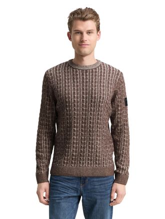 Tom Tailor Herren 1049475 Strickpullover mit Zopfmuster, 39368-Brown Offwhite Plated, M