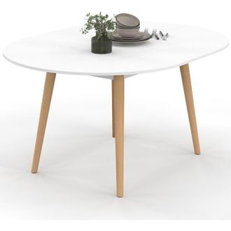 IDMarket Table &agrave; manger ronde ANGELA 6-8 personnes blanc pied bois 110 - 150 cm