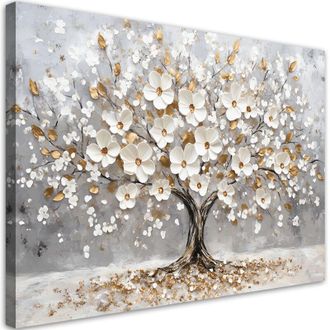 Feeby Tableau d&eacute;coArbre de vie avec fleurs blanches dor&eacute;es 90x60