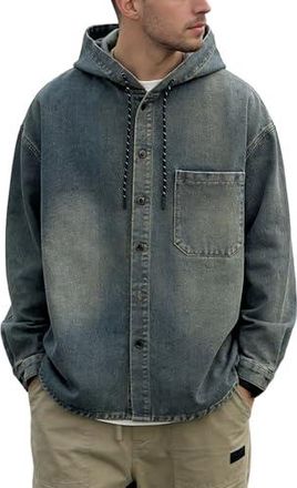 Generic Mens Lightweight Jackets Casual Loose Fit Denim Jacket Long Sleeve Distressed Trucker Outwear with Hood Blue 3X Large