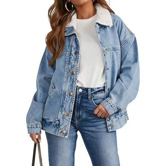 Generic Veste en jean chaude avec col en fausse fourrure pour femme, bleu clair, XXL