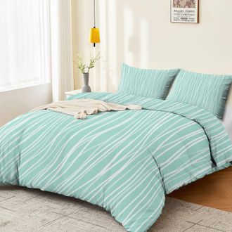 Generic Atmungsaktiv Bettw&auml;sche 135 x 200 cm, Weiche Kuschelige Mikrofaser Minimalistisch Wellenstreifen Bedruckte Bettbezug Set mit Rei&szlig;verschluss - Hellgr&uuml;n