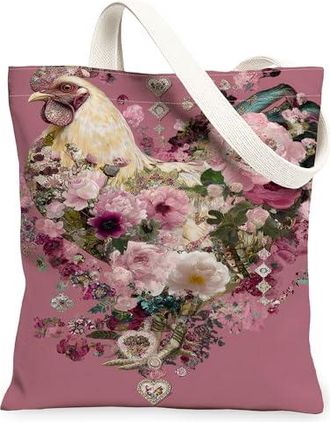 Generic Sacs fourre-tout en toile motif floral poulet, sacs d&eacute;picerie r&eacute;utilisables, l&eacute;gers et lavables avec bandouli&egrave;re, p&ecirc;che, 13x15 Inch