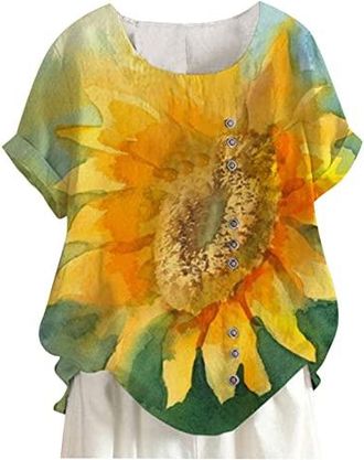 Generic Haut ample &agrave; manches courtes en lin pour femme - T-shirt graphique surdimensionn&eacute; pour femme - Blouses et chemises de plage, tee-shirts, hauts de base