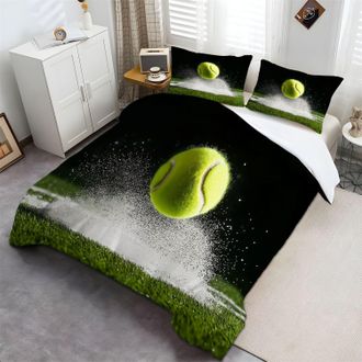 Generic Bettbezug Bettwäsche Bettgarnitur, Sportarten Tennis Design Bettbezug mit Kissenbezug, 135 x 200 cm, Reißverschluss Weich und Bügelfrei Grün