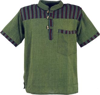 Guru Shop Nepal Fischerhemd, Gestreiftes Goa Hippie Kurzarmhemd - Olive, Herren, Baumwolle, Size:3XL