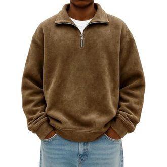 Generic Sweat-shirt pour homme sans capuche, t-shirts &agrave; manches longues avec fermeture &eacute;clair 1/4, pull de transition, doublure chaude, d&eacute;contract&eacute;, haut de f