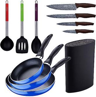 San Ignacio 3-teiliges Pfannen-Set (16 + 20 + 24 cm) aus gepresstem Aluminium, Induktion, Marineblau, mit 3 Kuchenutensilien, Nylon, mit 4 Messern aus Edelstahl