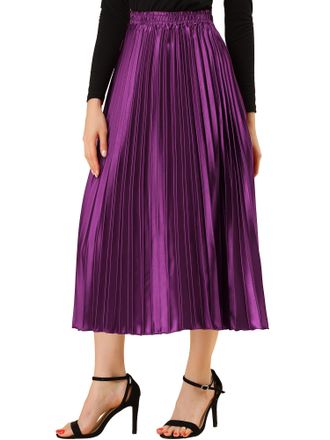 Allegra K Damen Maxi Faltenrock Hohe Taille Plisseerock A-Linie Elastisch Swing Eleganter Rock Lila L