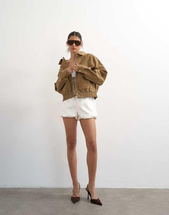 Topshop Bomber zipp&eacute; en imitation daim - Fauve-Marron