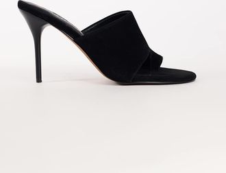 Topshop Winnie Mule mit Absatz und Zehensteg aus echtem Wildleder in Schwarz