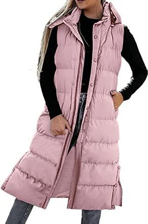 Generic Doudoune Femme Hiver Chaude Mi Longue Sans Manche Parka Avec Capuche Zippé Gilet Duveteux Automne Hiver Grande Taille Couleur Unie Outwear Sans Manche