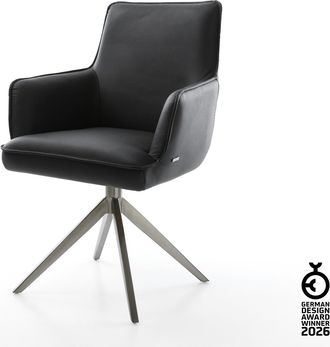 DELIFE Drehstuhl Heira-Flex mit Armlehnen Echt-Leder Schwarz Kreuzgestell breit Graphit 360&deg; drehbar Wippfunktion Taschenfederkern, Esszimmerst&uuml;hle
