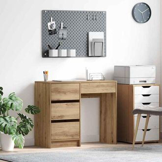 vidaXL Vidaxl - Bureau droit ch&ecirc;ne artisanal 90 x 37,5 x 75 cm - Bois ding&eacute;nierie r&eacute;sistant - 3 tiroirs et &eacute;tag&egrave;re int&eacute;gr&eacute;s - Pour bureaux &agrave; domicile