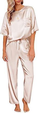 Ekouaer Vetement Femme Ete Ensemble de Pyjama Femme Manche Courte Pantalon Toutes Les Saisons 2 Pièces Chic, Champagne, XXL