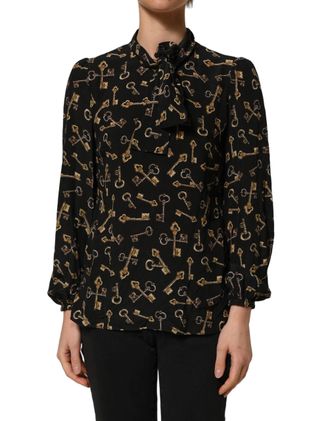 Dolce & Gabbana Womens Black Keys Print Silk Tie Neck Blouse Top