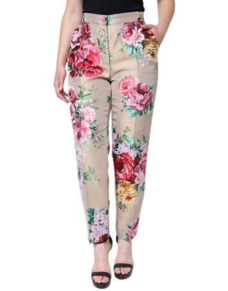 Dolce & Gabbana Womens Beige Floral Jacquard High Waist Tapered Pants Polyester Silk