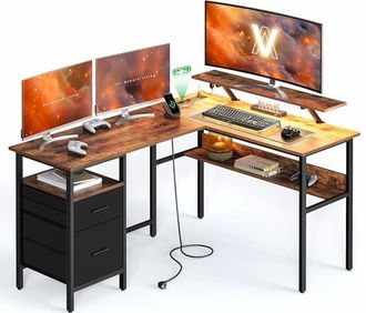Vasagle Bureau en L avec Multiprise, dAngle, Informatique avec Rehausseur d&Eacute;cran, Gaming LED, 2 Tiroirs, 2 Ports USB, Facile &agrave; Monter, Marron Rustique LWD095K