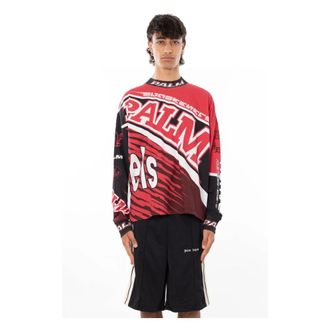 Palm Angels Tee Col Montant Manches Longues Racing Loose - Homme - Tops - Rouge - Taille: XL