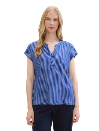 Tom Tailor Damen Basic Henley-T-Shirt mit Streifen, royal blue white stripe, S