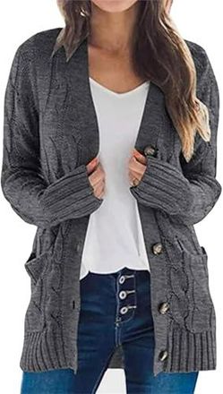 Generic Cardigan en tricot boutonn&eacute; pour lautomne d&eacute;contract&eacute; &agrave; manches longues avec poches, gris fonc&eacute;, XXL