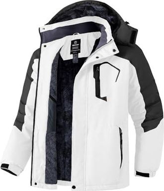 Wantdo Homme Veste de Ski Montagne Outdoor Manteau dhiver Chaud avec Capuche Amovible Veste Imperm&eacute;able Coupe-Vent Veste Randonn&eacute;e pour Voyage Beige-Noir XL