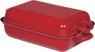 Riess 0104-019, Bratpfanne mit Deckel 32/22, Bräter, CLASSIC - COLOR ROT, Länge 32 cm, Breite 22 cm, Höhe 11.6 cm, Emaille, rot/schwarz, Induktion