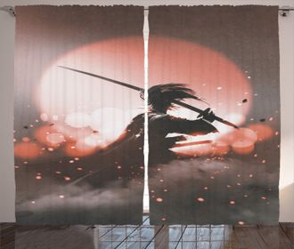 Abakuhaus japanisch Rustikaler Vorhang, Samurai Japan, Wohnzimmer Universalband Gardinen mit Schlaufen und Haken, 280 x 175 cm, Lachs Umbrabraun