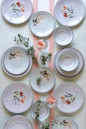 Hermia Elegant 24-Piece Dinner Set, 100% Porcelain | Includes 6 Service Plates (27cm), 6 Plates (23cm), 6 Dessert Plates (21cm), 6 Bowls (15cm) | Dishwasher 