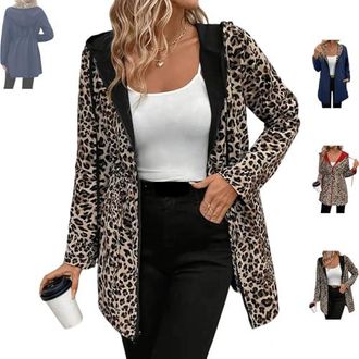 Generic Manteau &agrave; capuche r&eacute;versible pour femme avec imprim&eacute; l&eacute;opard, coupe-vent l&eacute;ger, fermeture &eacute;clair, manches longues, veste d&eacute;contract&eacute;e, cardigan &agrave; capu