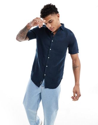Superdry Studios - Chemise d&eacute;contract&eacute;e en lin - Bleu marine