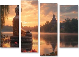 Islandburner Bild auf Leinwand Buddha am See bei Sonnenuntergang ruhige Lotusblüten im Vordergrund Bilder Wandbilder Poster
