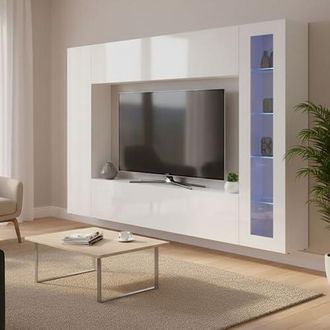 Dmora Ausgestattete Wand Luigi, 4-t&uuml;riges TV-St&auml;nder-Wohnzimmerset, Mehrzweck-Wohnzimmerm&ouml;bel, 100 % Made in Italy, 260 x 30 x 180 cm, gl&auml;nzend wei&szlig;, mit bl