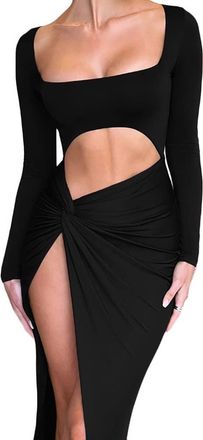 Onsoyours Maxikleider Damen Langarm Y2k Aesthetic Kleider Sexy Cut Outs Partykleid Elegant Einfarbig Schlitz Freizeitkleid Slim Fit Abend Kleid Party Club Stree