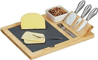 Relaxdays Käsebrett mit Schieferplatte, 3-TLG. Käsebesteck, Dipschale, 4X Serviergabel, Bambus Käseplatte, Natur/schwarz