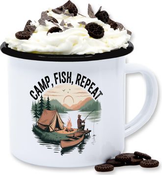 Shirtracer Emaille Tasse Blechtasse - Tassen - Camp Fish Repeat I Camping Geschenk Angler I Angelgeschenk M&auml;nner I Camper Geschenkideen Angeln I Outdoorfans I Fi