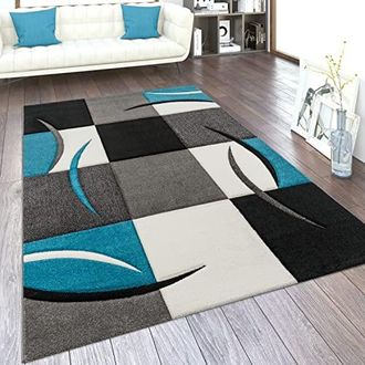 Paco Home Tapis De Salon en Diff. Coloris Et Tailles Motif Carreaux Rayures Design 3D Poils Ras, Dimension:160x230 cm, Couleur:Turquoise