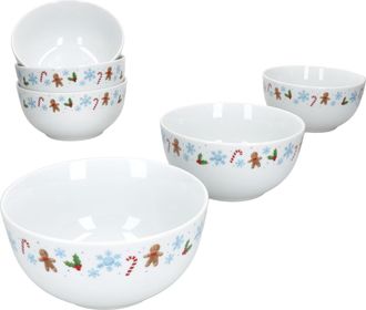 MamboCat Candyman 6er Set M&uuml;sli-Schale 14,2cm I 480ml I Porzellan-Sch&uuml;ssel mit Lebkuchenmann, Zuckerstangen & Schneeflocken | f&uuml;r M&uuml;sli, Dessert & Snacks