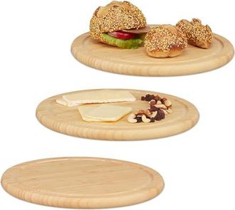 Relaxdays Frühstücksbrettchen, 3er Set Holzbretter, runde Schneidebretter aus Bambus, Ø 30 cm, Brotzeitbretter, Natur