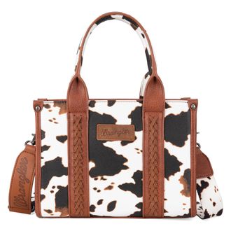 Wrangler Damenhandtasche mit Kuhmuster, Western-Stil, Boho-Stil, mit Griff oben, Signature-Gurt, Kuh-Druck, braun